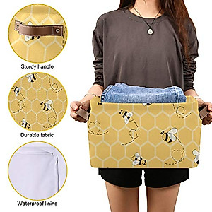 AUUXVA Collapsible Storage Bin Cube Yellow Honey Bees Pattern Laundry Basket Hamper Toy Cloth Organization Bag with Handle for Pantry Nursery Home Office Shelve,1 PC