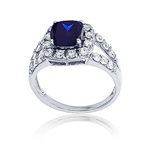 DECADENCE Sterling Silver Rhodium 7mm Cushion Created Blue Sapphire & 2mm Round Created White Sapphire Ring