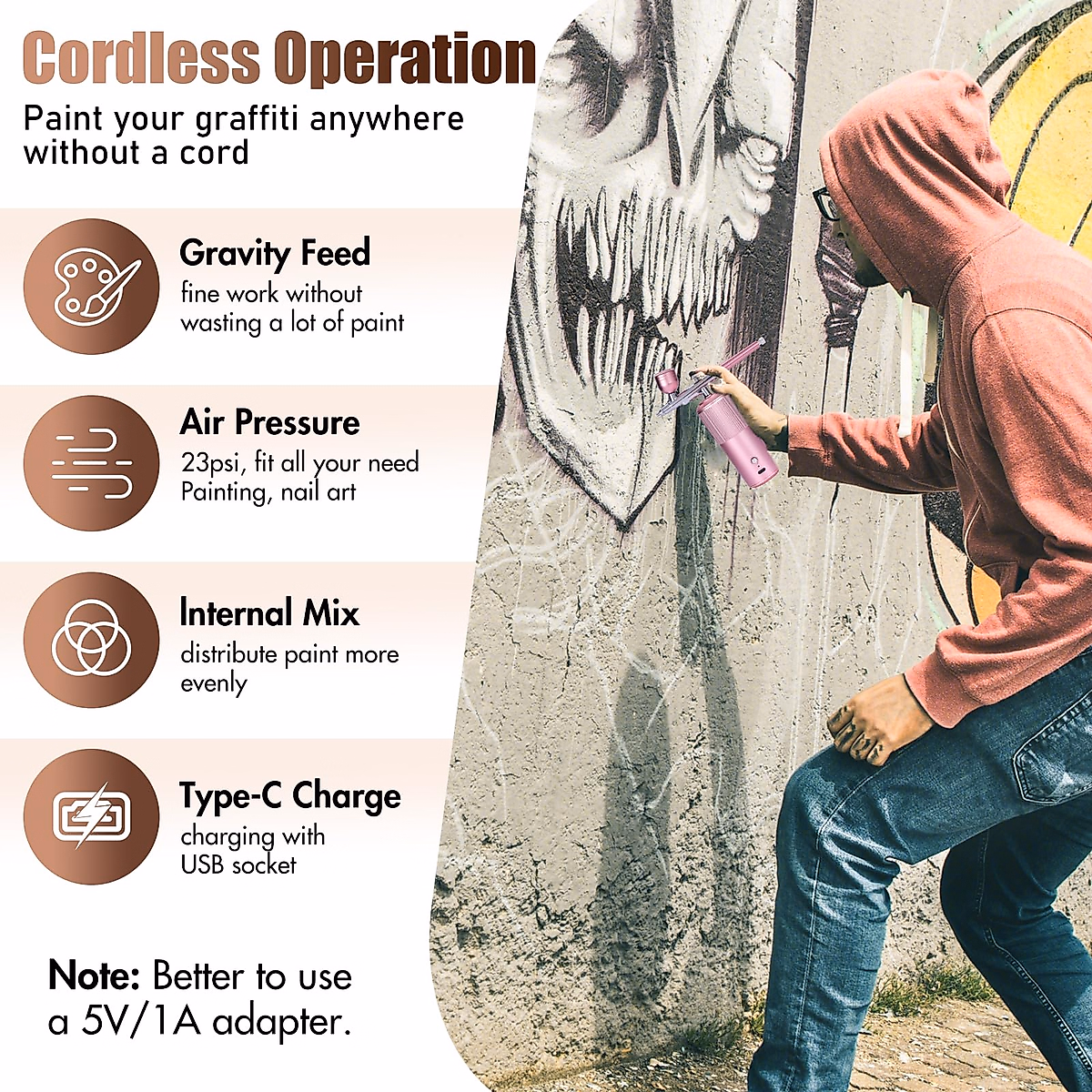 OKUPAN Nail Airbrush Machine - Cordless Airbrush Kit with Compressor - Portable Airbrush for Nails, Cake Cookies Decorating, Makeup, Barber, Model Painting (Pink)