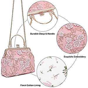 Rejolly Women Vintage Kiss Lock Clutch Handbag Floral Evening Purse Crossbody Shoulder Bag with Chain Strap (Pink)
