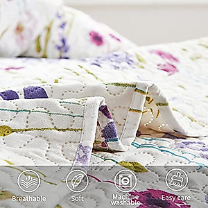 Jarson Floral Quilts Set Lightweight Spring Summer Bedspreads Full/Queen Size, 3Pcs Rustic Country Bedding Flowers Botanical Plant Reverisible Coverlets Pillow Shams