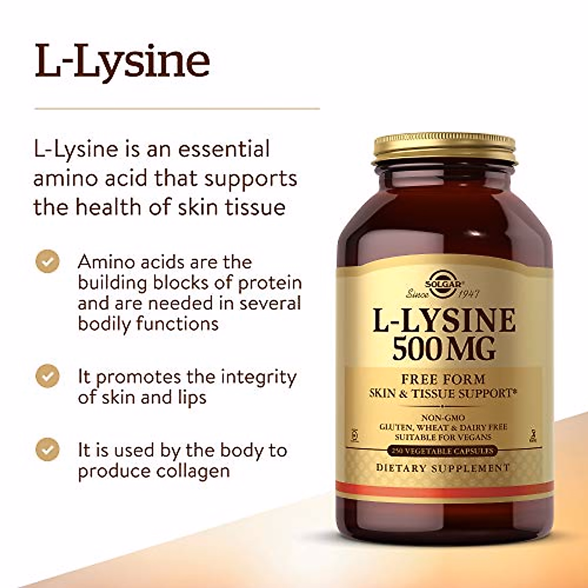 Solgar L-Lysine 500 mg, 250 Vegetable Capsules - Enhanced Absorption & Assimilation - Promotes Integrity of Skin & Lips - Collagen Support - Amino Acids - Non-GMO, Vegan, Gluten Free - 250 Servings
