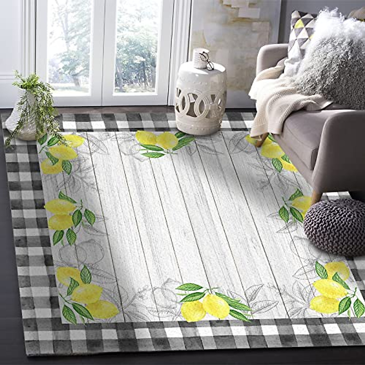 AmbeHome Large Area Rug 5' x 7' Bedroom Rugs, Lemon Runner Rug Non Slip Kitchen Rug Washable Floor Carpet Mat for Living Room Bathroom Outdoor Summer Farmhouse Wooden Grain Checkered