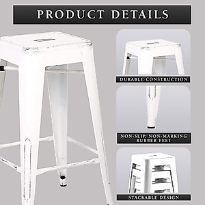 AC Pacific Backless Metal Barstools, Modern Industrial Light Weight Stackable Counter Height Bar Stools Set of 2 for Indoor and Outdoor Use, 30" High, Distressed Snow White