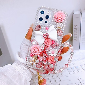 redecarie for Samsung Galaxy S9 Plus Diamond Case,Bling Glitter Luxury Crystal Rhinestone Cute Bow Flowers Pearl 3D Handmade Protective Phone Cover for Women Girls Kids with Bracelet Lanyard