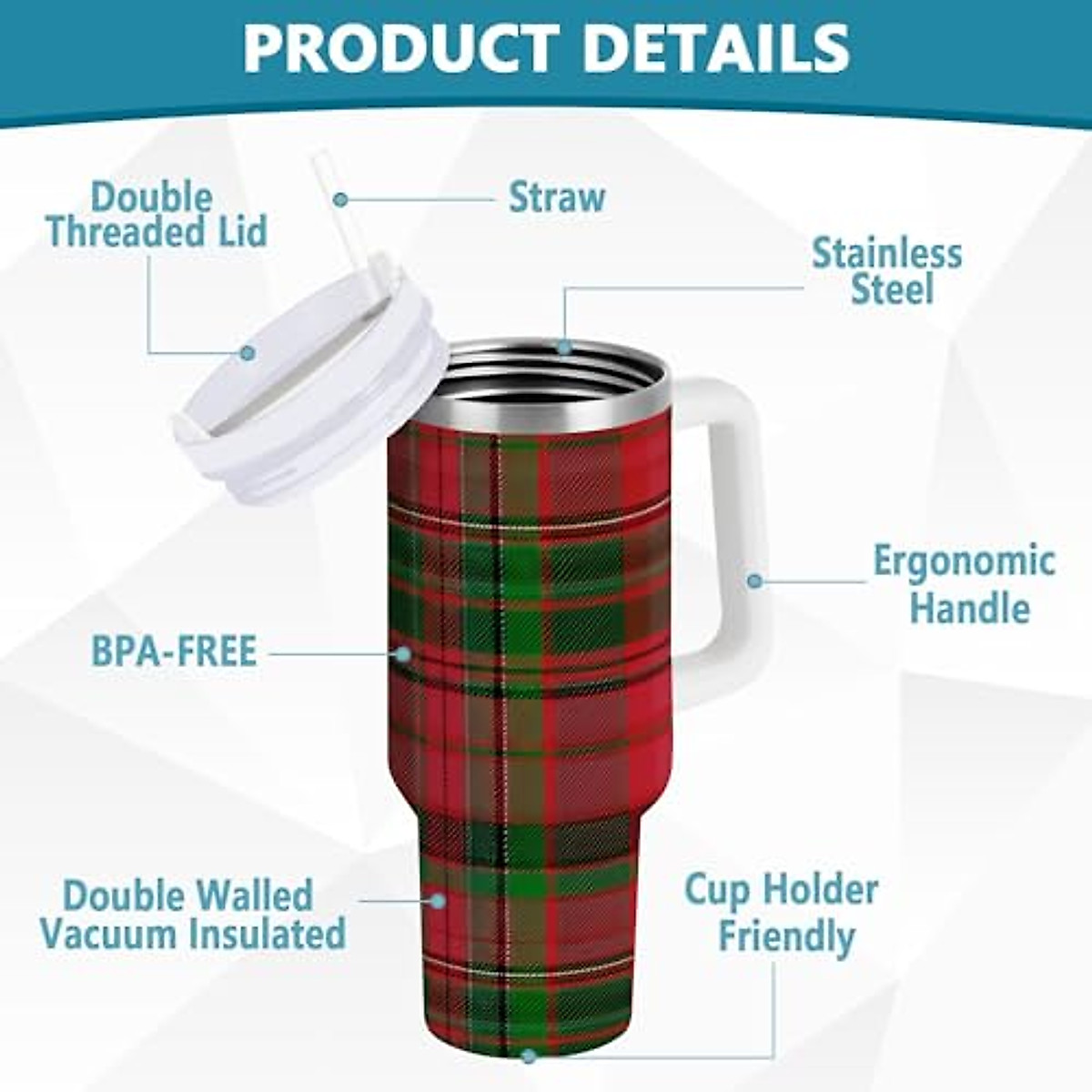 40 Oz Red Green Grid Tumbler Cups with Handle and Straw, Insulated Vacuum Tumbler