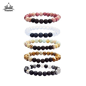 YISSION Essential Oil Bracelets Lava Rock Stone Matt Semi Precious Gemstone Bracelet for Man Women Stretch Anxiety Bracelet Set for Work School Yoga Gifts
