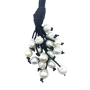 White Baroque Pearl Y-necklace on Black Leather Cord