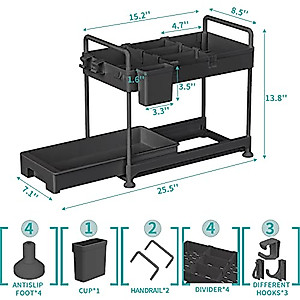 SAMODRA Under Sink Organizers and Storage, Kitchen Storage Rack 2 Tier Drawer Pull-able Cabinet Basket Organizer Bathroom Storage Rack with Hooks, DIY Removable Dividers -Black