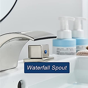 Oulantron Waterfall Widespread Bathroom Sink Faucet Bathroom Basin Sink Faucet LED with Changing 2 Handle 3 Hole Brushed Nickel Cold and Hot Water Mixer Vanity Bathroom Faucet