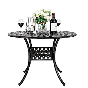 Nuu Garden 42 Inch Patio Dining Table Round Cast Aluminum Bistro Table with Umbrella Hole for Backyard Garden Black with Antique Bronze at The Edge