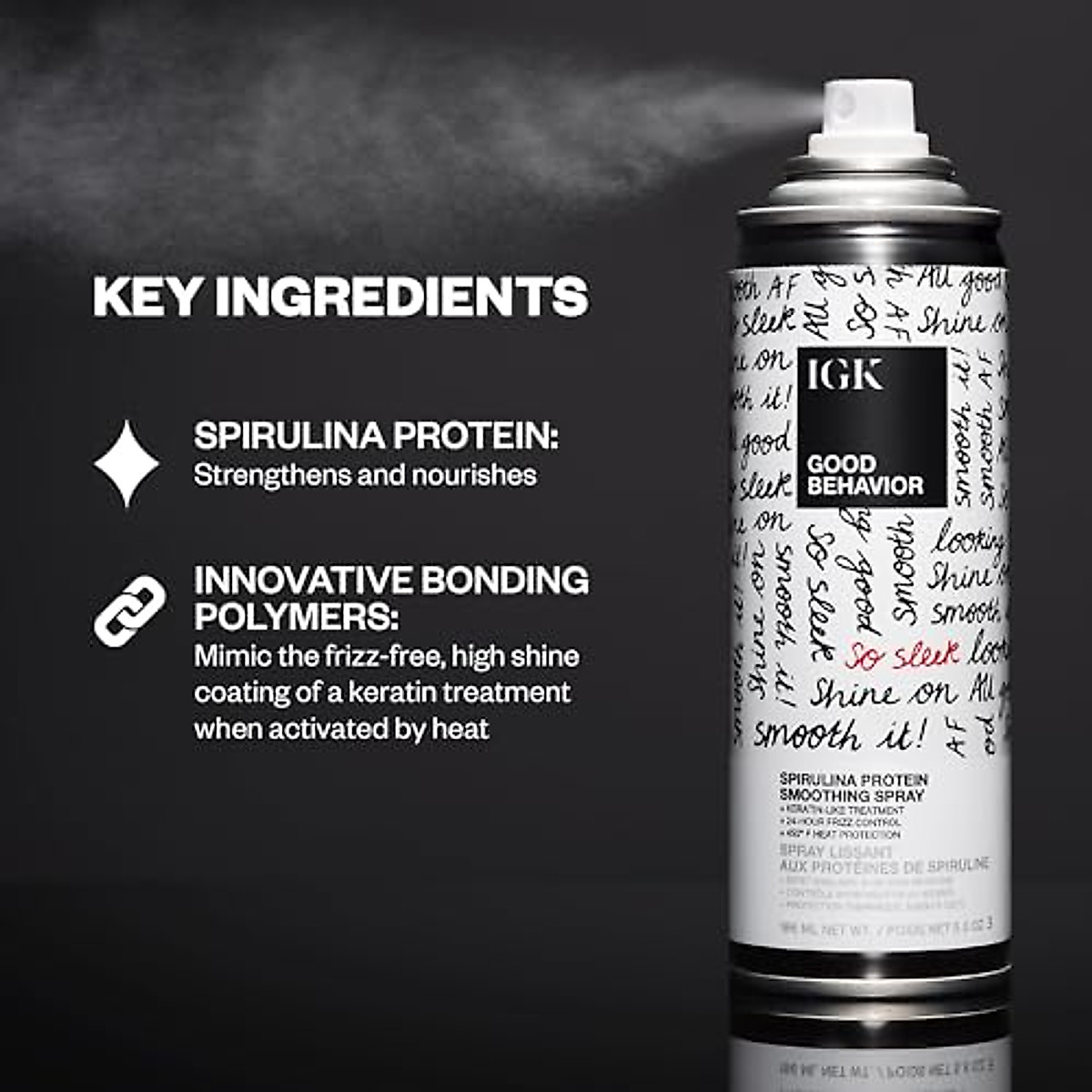 IGK GOOD BEHAVIOR Spirulina Protein Smoothing Spray | Keratin Like Treatment + Frizz Control + Heat Protectant | Vegan + Cruelty Free | 5.6 Oz