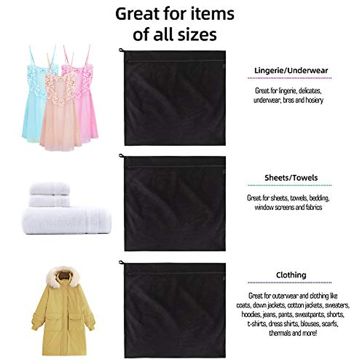 TENRAI Laundry Bags, Set of 4 XL (Extra Large) Mesh with Zipper for Delicates, Intimates, Lingerie, Bras, Dirty Laundry, Accessories Wash Bag, Jumbo Travel Organizer Net Bag (Black QS)