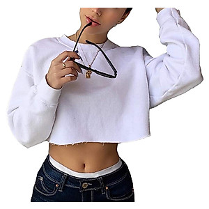 Artfish Women's Crewneck Long Sleeve Workout Casual Cropped Teen Loose Sweatshirts White M