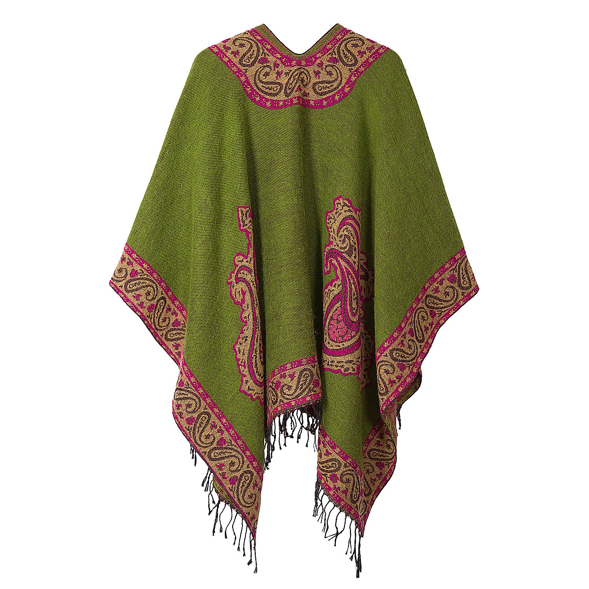 Women's Fashionable Retro Style Vintage Pattern Tassel Poncho Shawl Cape (series 2-Green)