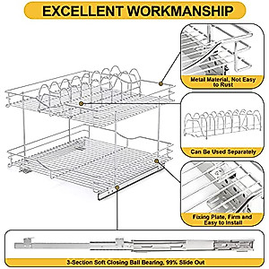FULGENTE Pull Out Cabinet Organizer for Lid Cookware 20" W x 21" D 2 Tier Slide Out Kitchen Cabinet Shelves for Pots Pans Organizer Rack Organizador De Ollas y Sartenes Wire Frame Chrome Finish