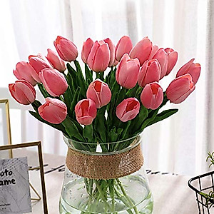 30pcs Real Touch Tulips PU Artificial Flowers, Fake Tulips Flowers for Arrangement Wedding Party Easter Spring Home Dining Room Office Decoration. (Pink, 14" Tall)