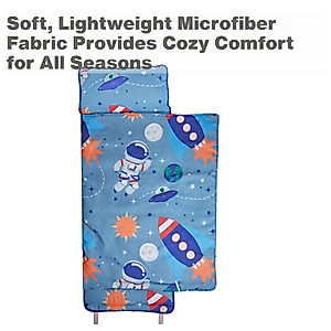 EVERYDAY KIDS Nap Mat w/Removable Pillow -Outer Space Adventures- Carry Handle with Straps Closure, Rollup Design, Soft Microfiber for Preschool, Daycare, Travel Sleeping Bag - Ages 3-6 Years