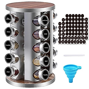 Rotating Spice Rack Organizer for Cabinet, 20 Jars Revolving Seasoning Organizer for Kitchen, Stainless Steel Spice Tower for Countertop with Reuseable Labels and Funnel