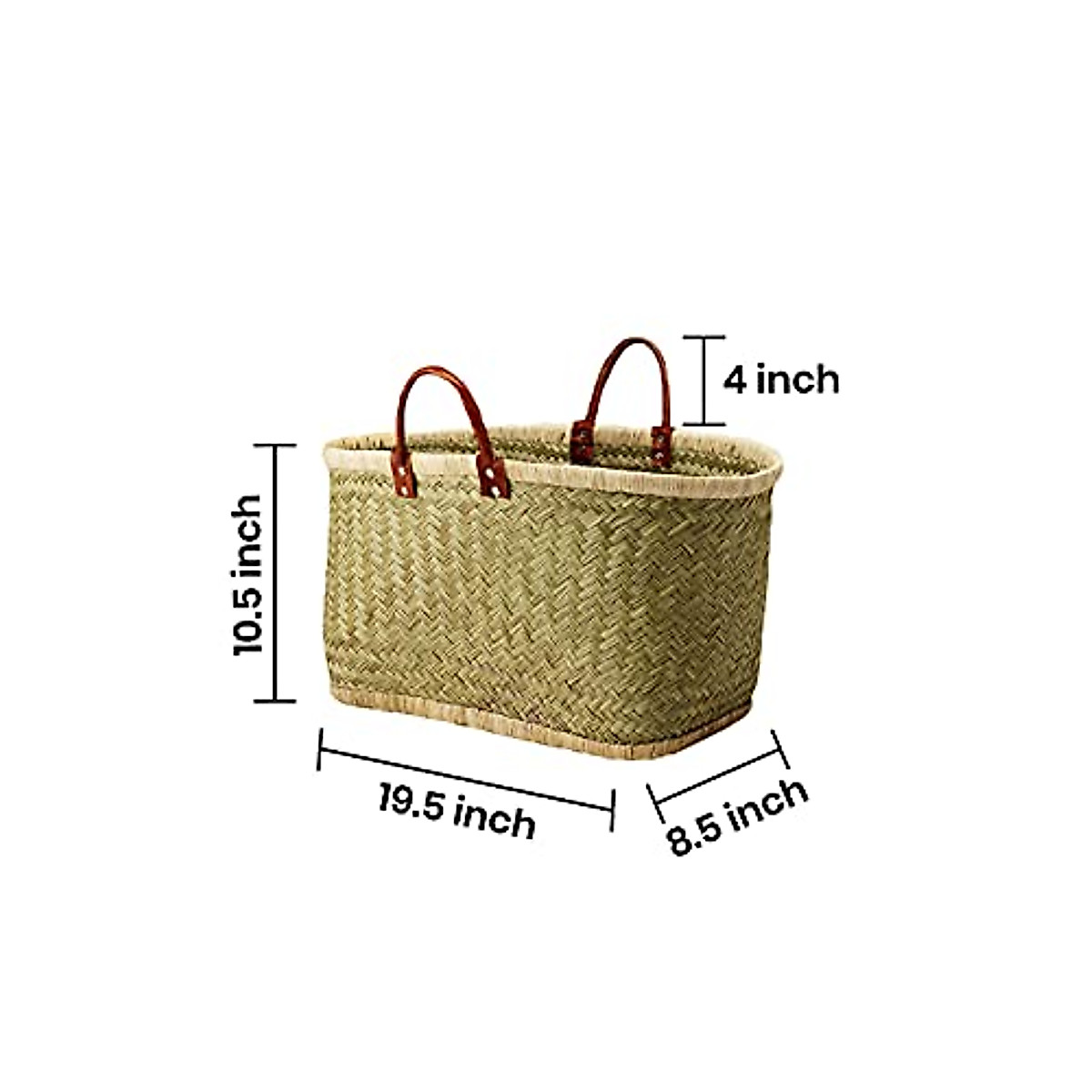 Serene Spaces Living Small Handmade Straw Tote Paired with Leather Handles, Raffia Lined Handbag, Straw Beach Bag, Summer Tote for Everyday Use, Grocery Shopping, 19.5" Long, 8.5" Wide & 10.5" Tall