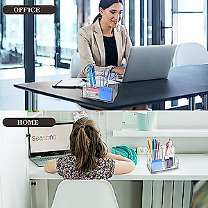 Zbtezna Pen Holder, Clear Acrylic Makeup Brush Holder, Pencil Holder for Desk with Sticky Notes Holder and 3 Compartments, Pencil Organizer for Pen, Art Supply, Makeup Brush(Clear)