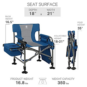 EVER ADVANCED Fishing Chair with Rod Holder and Cooler, All Terrain Ice Fishing Chair with Adjustable Feet, Mesh Back Folding Camping Chair with Shoulder Strap, Heavy Duty Supports 350LBS