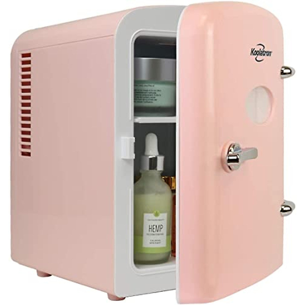 Koolatron 4L Retro Portable Mini Fridge w/ 12V DC and 110V AC Cords, 6 Can Personal Cooler for Snacks, Beverages, Skincare, Beauty Serum, Face Mask, Desktop Accessory for Home Office Dorm Travel, Pink