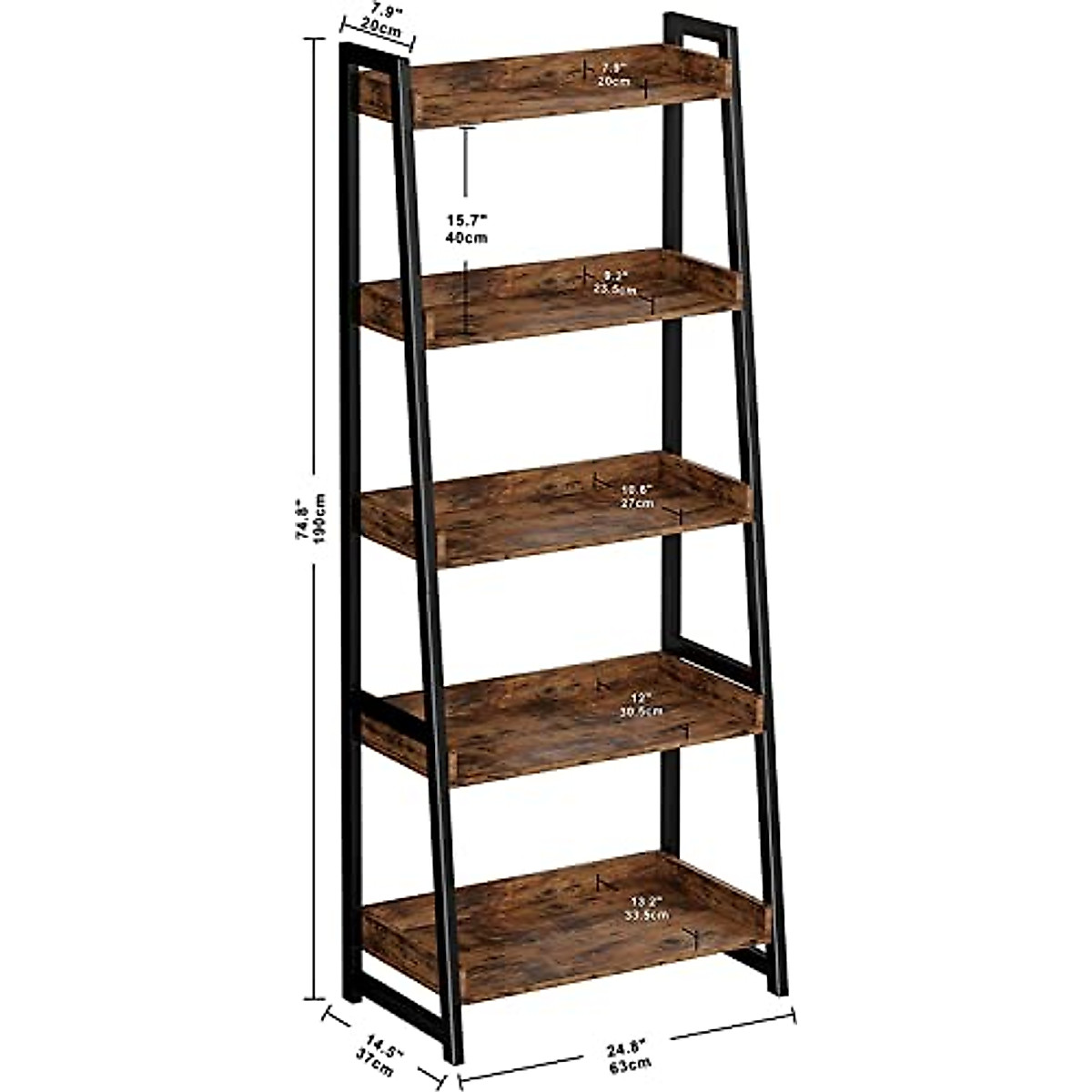 IRONCK Industrial Bookshelves 5-Tier Ladder Shelf, Storage Shelves Rack Shelf Unit, Wood Look Accent Furniture Metal Frame for Home Office, Bathroom, Living Room