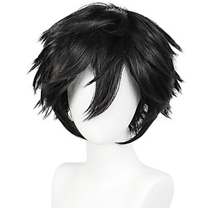 IMEYLE Short Black Wig Short Black Cosplay Wig for Men Straight Wig Synthetic Wig for Anime Halloween Costume Party + Wig Cap