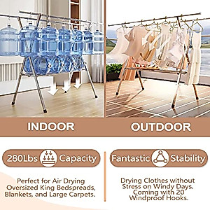 JAUREE Clothes Drying Rack 2 Tiers, Heavy Duty Drying Rack Clothing Folding Indoor Outdoor, Stainless Steel Laundry Drying Rack, Foldable Garment Rack with 20 Windproof Hooks (84 Inches)