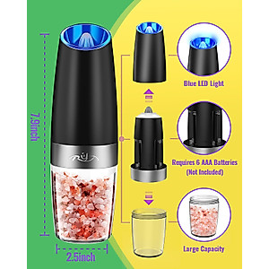 Gravity Electric Salt Ginder Pepper Grinder, Automatic Pepper and Salt Mill Grinder Battery-Operated with Adjustable Coarseness, LED Light, One Hand Operated