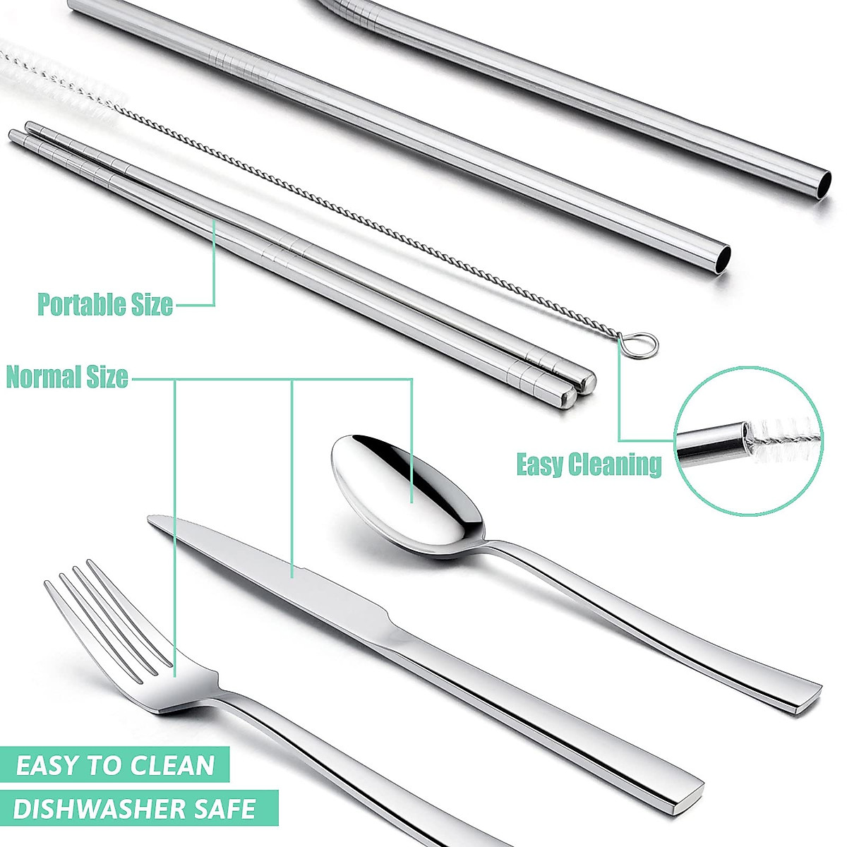 HaWare Portable Travel Utensils with Case, Stainless Steel Silverware Set for Camping Office School Lunch, Including Knife Fork Spoon Chopsticks, Reusable and Dishwasher Safe(Green)