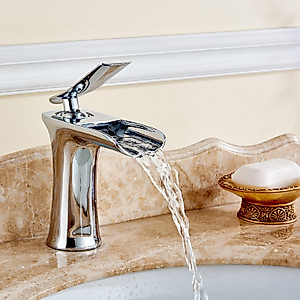 BiaoTeng Bathroom Faucet Waterfall Vintage Chrome Single Hole Hot or Cold Bathroom Sink Faucet 1 Hole Waterfall Brass Bathroom Sink Faucet Waterfall, Chrome