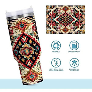 Jihqo Indian Ethnic Pattern 40 oz Stainless Steel Vacuum Insulated Tumbler with Handle and Straw Lid, Leakproof Water Bottle Double Wall Travel Mug Coffee Cup, Cupholder Friendly