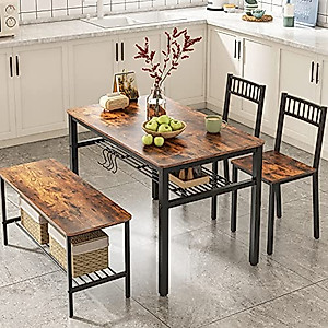 Bigbiglife Dining Table Set for 4, Kitchen Table with 2 Chairs and 1 Bench, Dining Table Set with 2 Storage Racks and 4 S-Hooks, Industrial Design for Small Space Home Kitchen, Rustic Brown