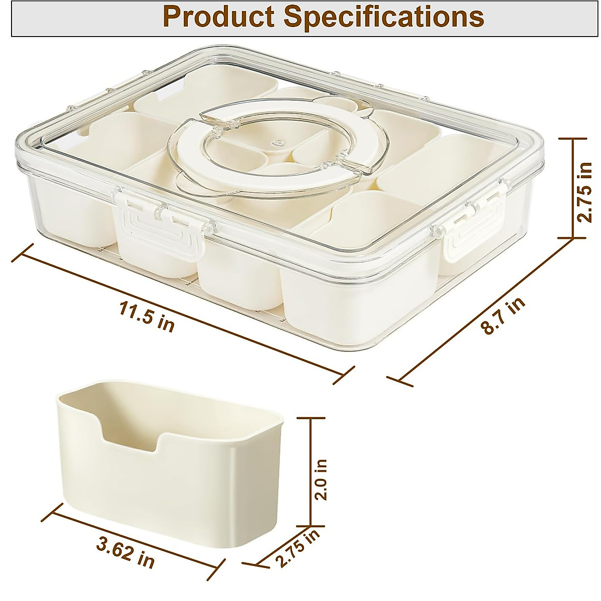 Divided Serving Tray with Lid and Handle - 8 Compartment Portable Snackle Box Charcuterie Container - Clear Snack Organizer for Fruits, Candy, Nuts, Snacks - Ideal for Parties, Travel & Picnics