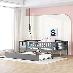 P PURLOVE Full Daybed with Trundle, Daybed Frame with Fence Guardrails, Wood Daybed for Boys, Girls and Young Teens, No Box Spring Needed (Gray)