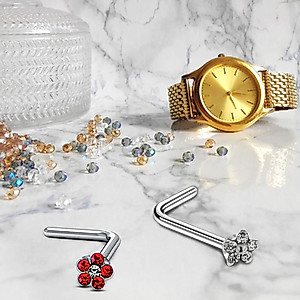 20 Pieces Box Set of Mix Colored Multi Crystal Stone Flower Top 22 Gauge 925 Sterling Silver L Shape Nose Stud