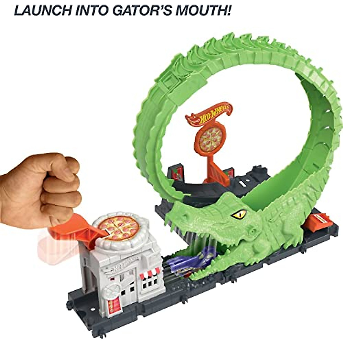 Hot Wheels Toy Car Track Set Gator Loop Attack Playset in Pizza Place with 1:64 Scale Car, Connects to Other Sets