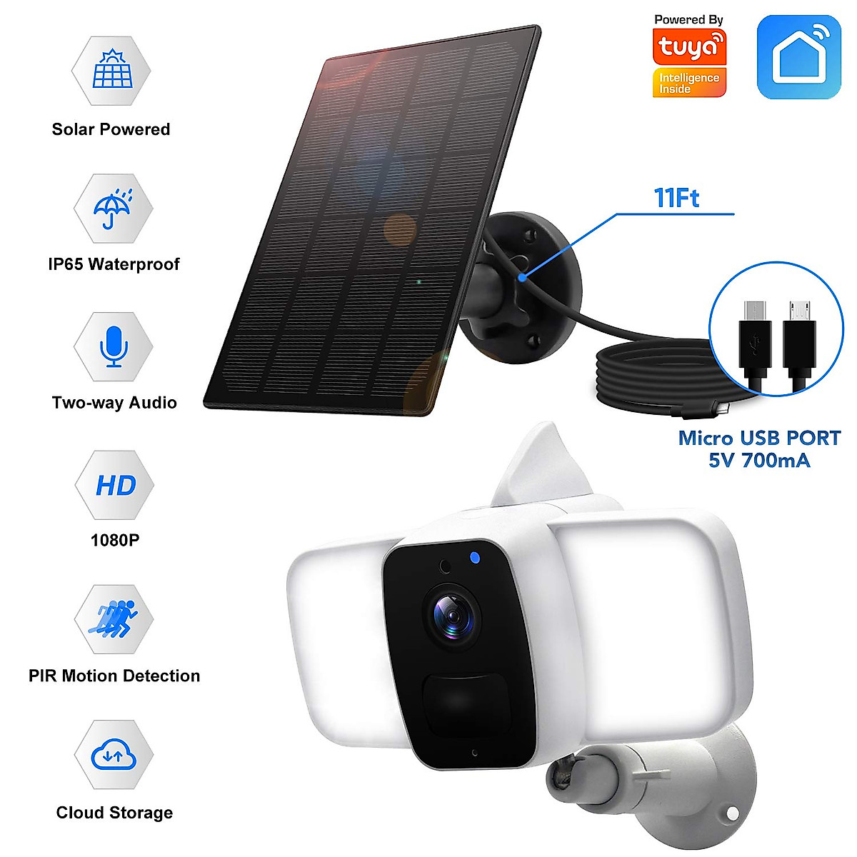 Floodlight Camera,Solar Powered Security Camera Outdoor,10400mAh Rechargeable Battery Camera,IP65 Waterproof,Two Way Audio, PIR Motion Detection,Cloud Storage-Smart Life APP