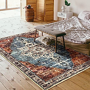 COLORPAPA Area Rug 5x7 Machine Washable Rugs Boho Living Room Rug Non-Slip for Bedroom Dinning Room Kitchen Hallway Blue Taupe Carpet