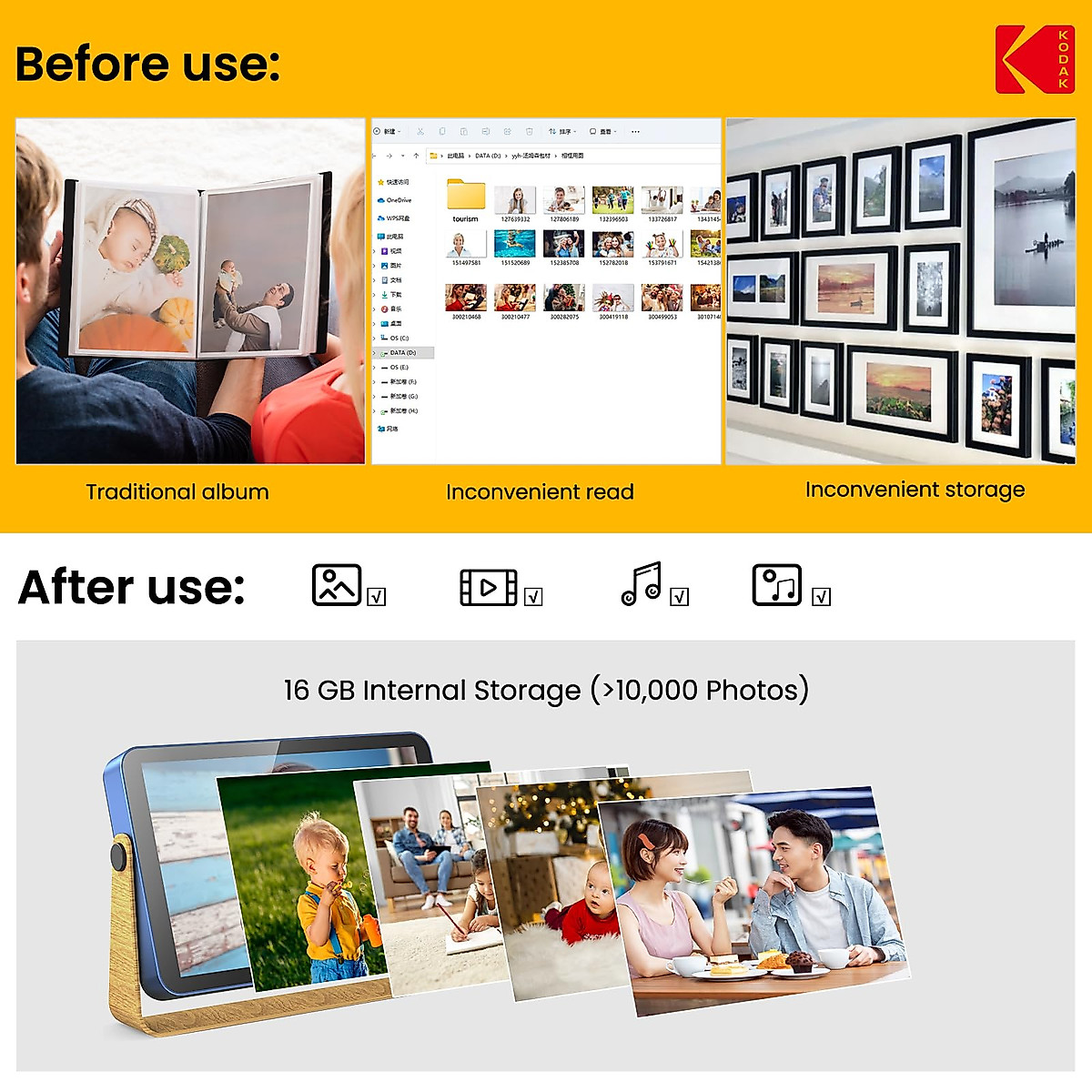 KODAK WiFi Digital Picture Frame 10.1 inch with 16GB Built-in Memory,4000mAh Battery,1280 * 800 Touch Screen Cloud 2.4GHz WiFi, Auto-Rotate, KODAK APP, Gift for Friends Family(Blue, 10 inch)