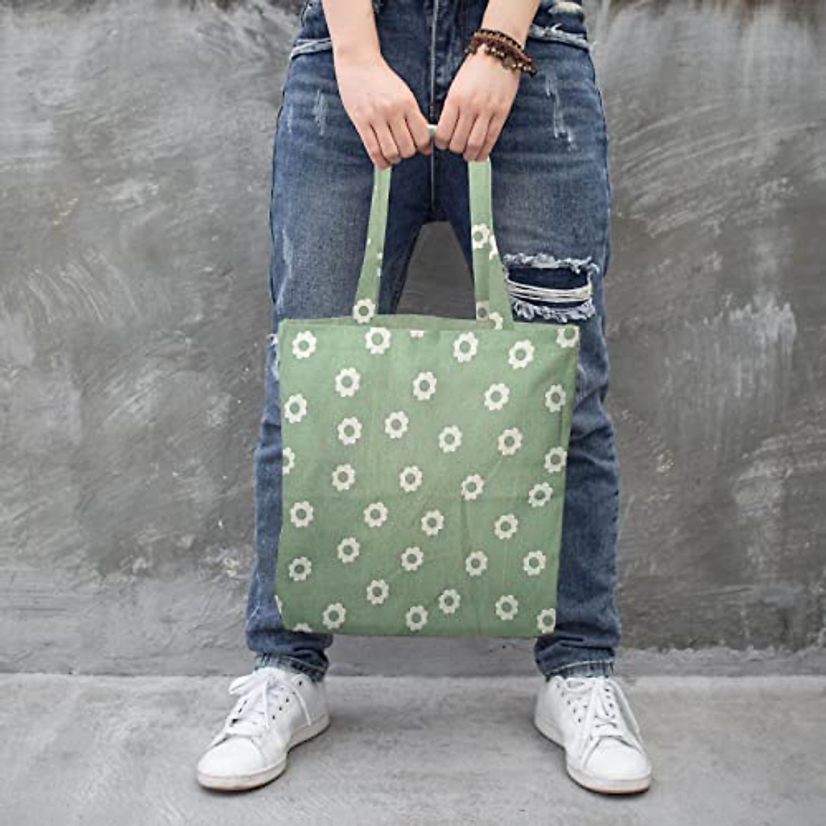 Green Flowers 100% Recycled Cotton Reversible Tote Bag - Summer, Gifts, School, Shopping bag, Green