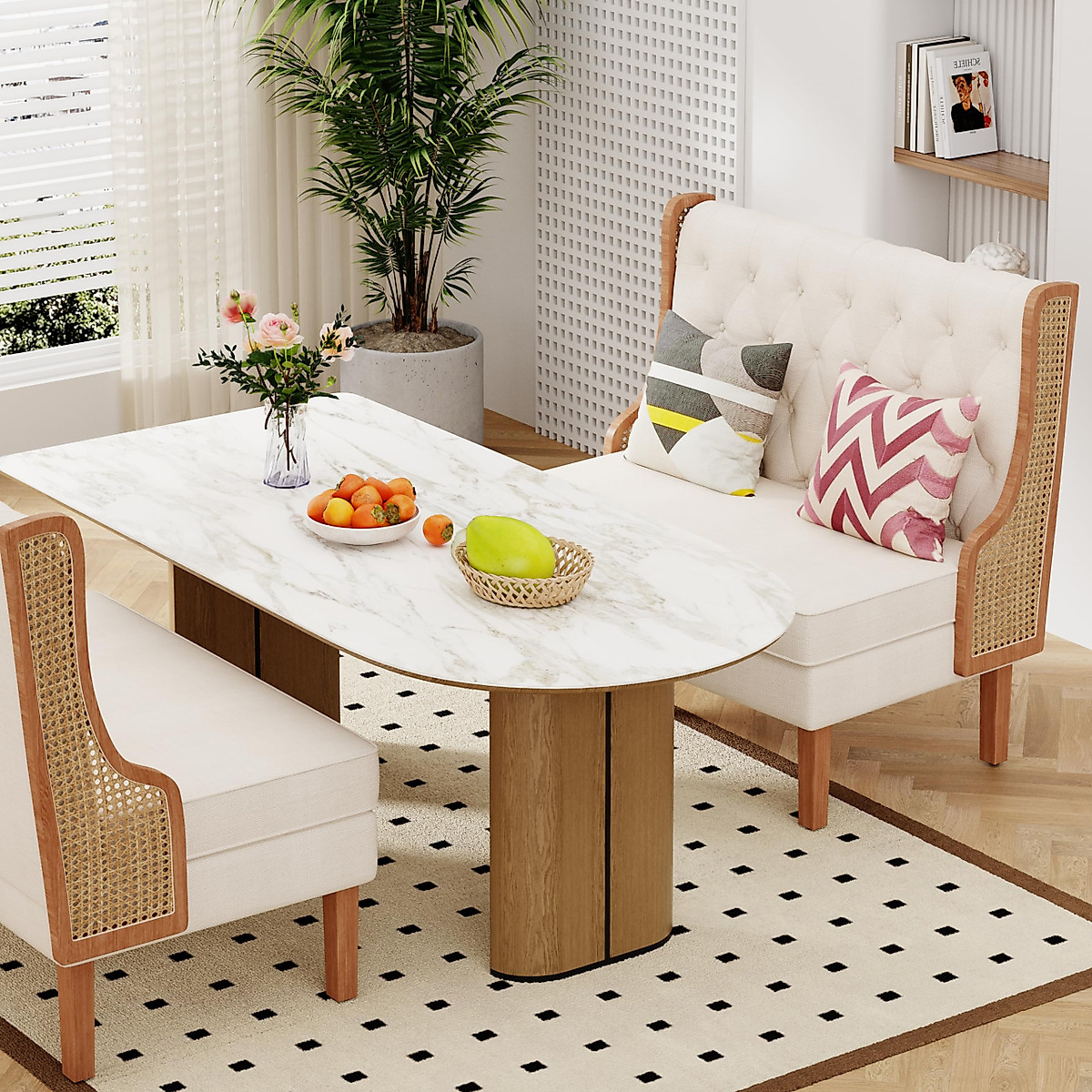 Andeworld Loveseat Settee Bench with Natural Rattan Arms,Upholstered Modern High-Back Mini Sofa Couch,Banquette Dining Bench Love Seat for Living Dining Room Bedroom Office Small Space Entryway,Ivory