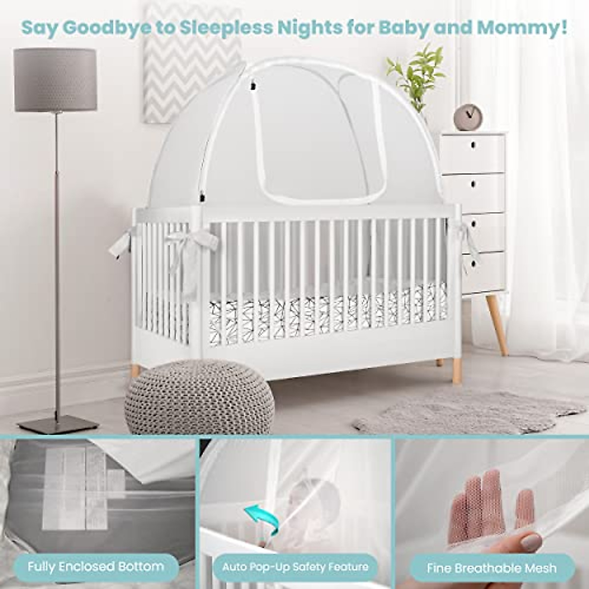 Pro Baby Safety Pop Up Crib Tent, Fine Mesh Crib Netting Cover to Keep Baby from Climbing Out, Falls and Mosquito Bites, Safety Net, Canopy Netting Cover - Sturdy & Stylish Infant Crib Topper