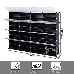 ADUZA Portable Shoe Rack Organizer, 4 Columns 8-Tier 64 Pairs Shoe Storage Organizer with Doors, Tower Plastic Shoe Shelf Storage Cabinet Stand Expandable for Heels, Boots, Slippers Black