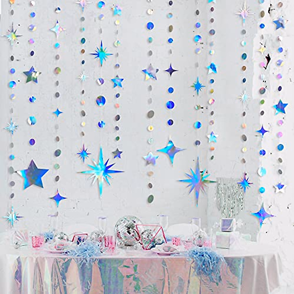 Iridescent Party Decorations Star Circle Dot Paper Garland Banner Bunting Streamer Metallic Hanging Twinkle Star Decoration for Kids Birthday Baby Shower Wedding Festival Engagement Sweet 16 Decor