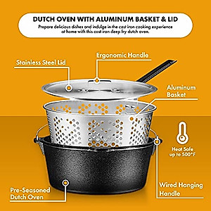 Bruntmor 2-in-1, 9 Quart Pre-seasoned Cast Iron Dutch Oven Kitchen Utensils Set With Handle And Deep Fry Basket With Stainless Steel Lid Skillets | All-in-One Camping Cookware Pots And Pans Set.