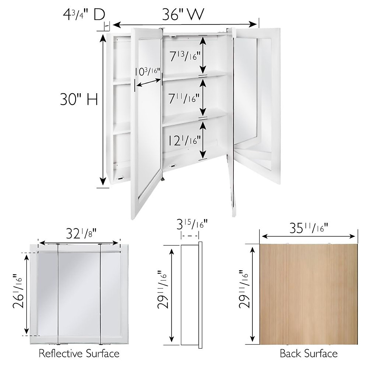 Design House 545103-WHT Wyndham Medicine Cabinet – Durable White Assembled Frame – Bathroom Wall Cabinet with Mirrored Door, 36-Inch – 4.75" X 36" X 30", White, 1 Count, Tri-View