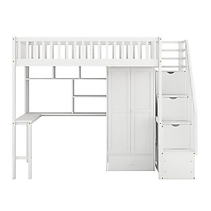 Quarte Multifunctional Wooden Twin Size Loft Bed with Built-in Desk,Bookshelf and Wardrobe,Drawers and Storage Stairs,for Kids Boys Girls Teens Adults Bedroom (White@r)